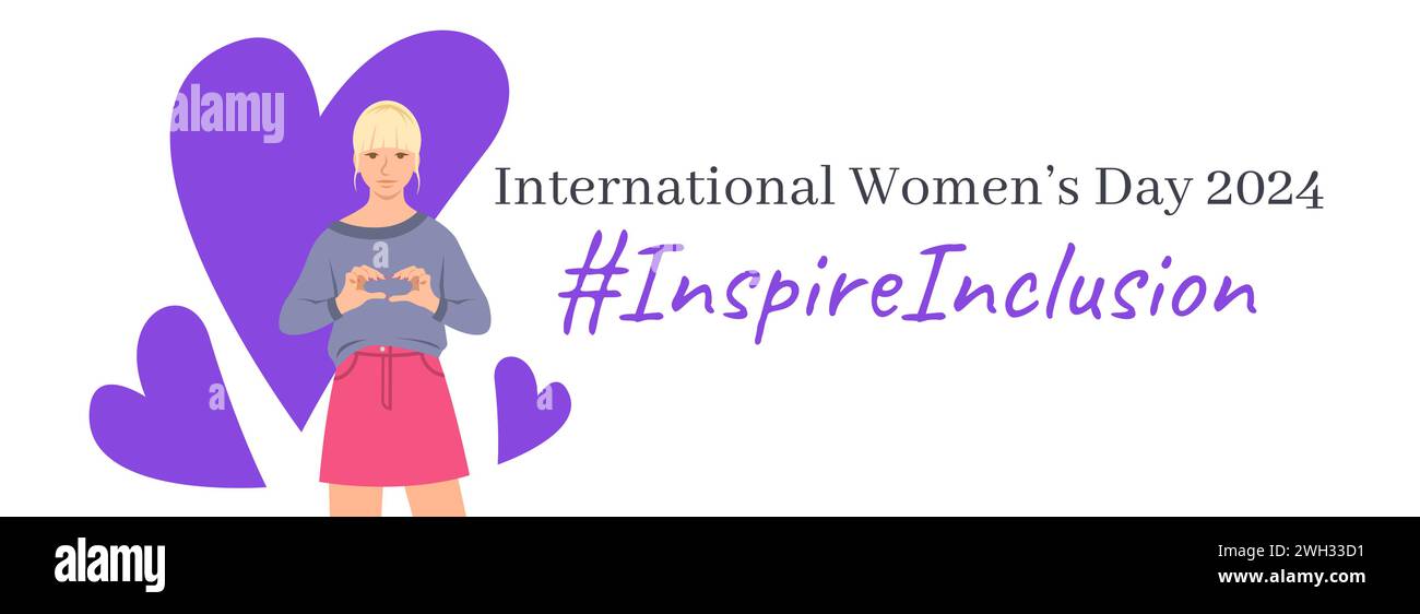 Inspire inclusion campaign pose. International Women's Day 2024 theme banner. Smiling young ...