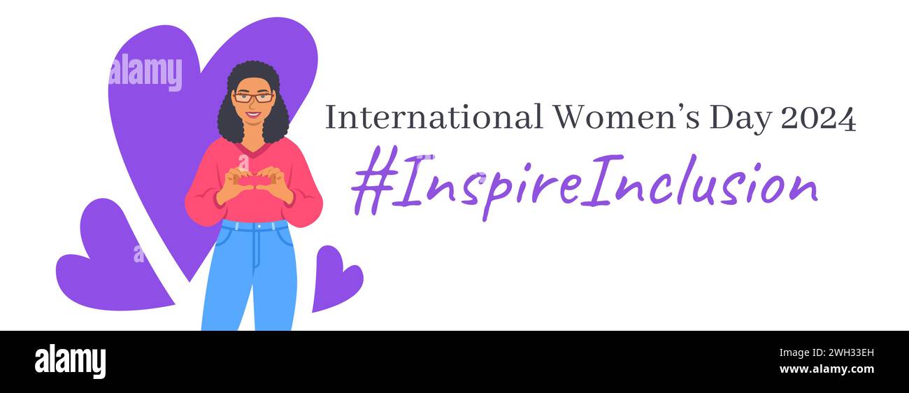 Inspire inclusion campaign pose. International Women's Day 2024 theme banner. Smiling black ...