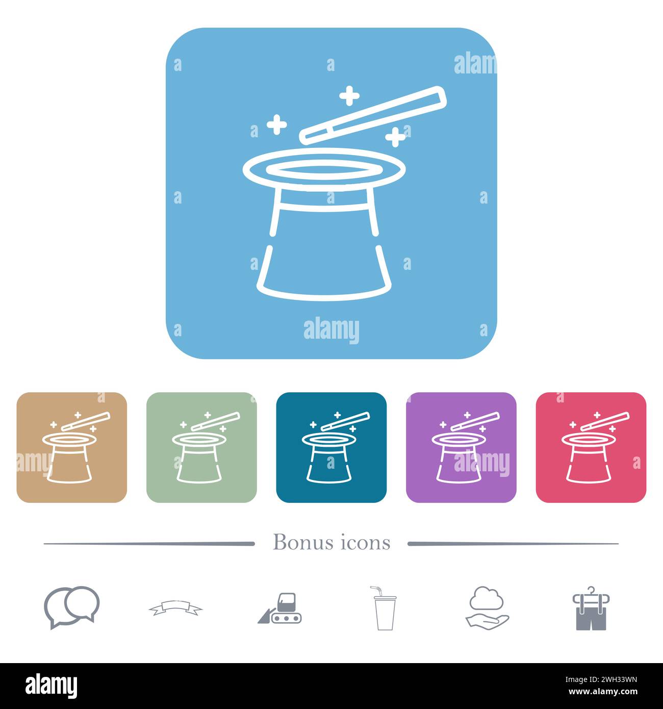 Magic hat and wand outline white flat icons on color rounded square backgrounds. 6 bonus icons ...