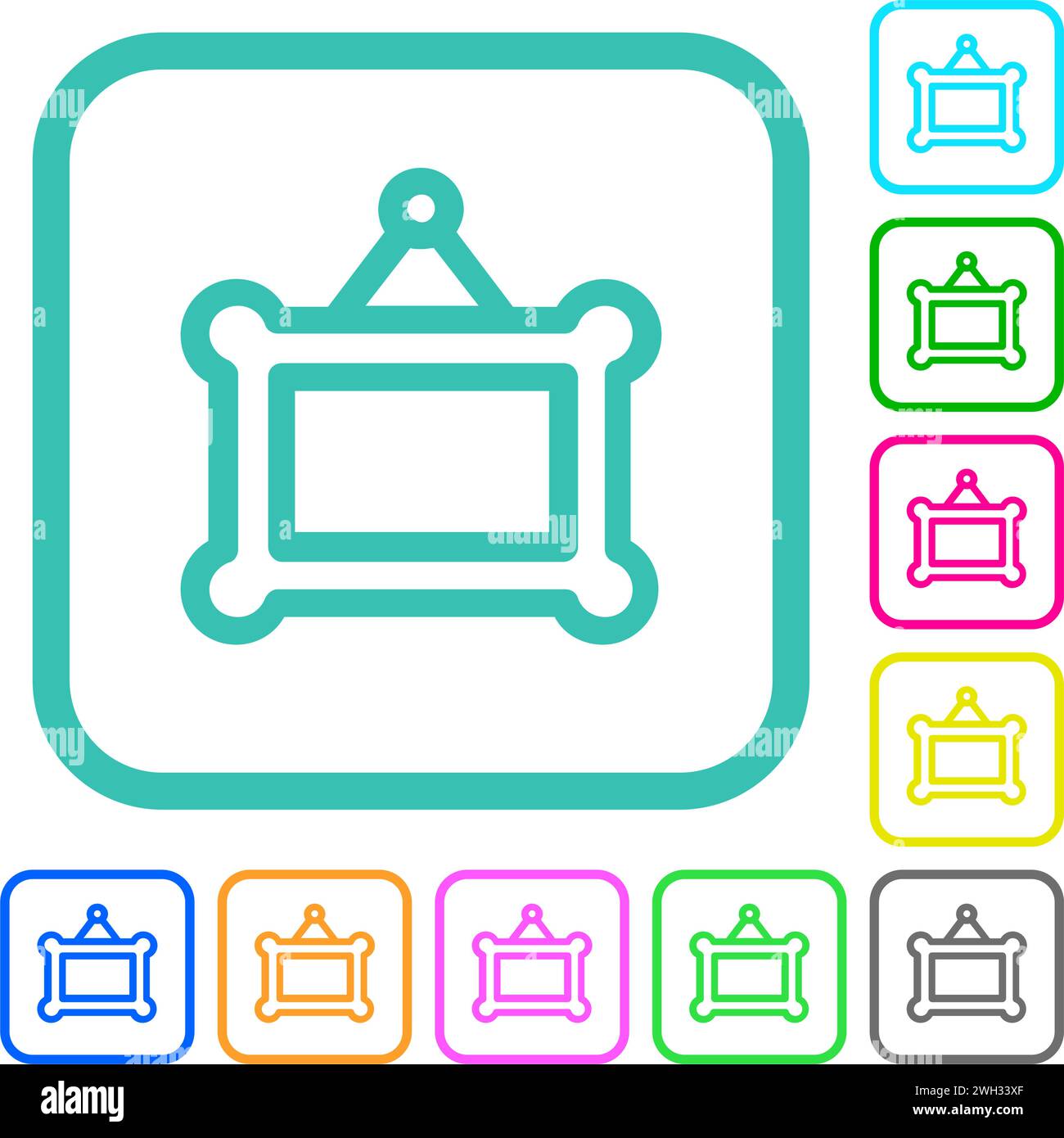 Vintage wall picture frame outline vivid colored flat icons in curved ...