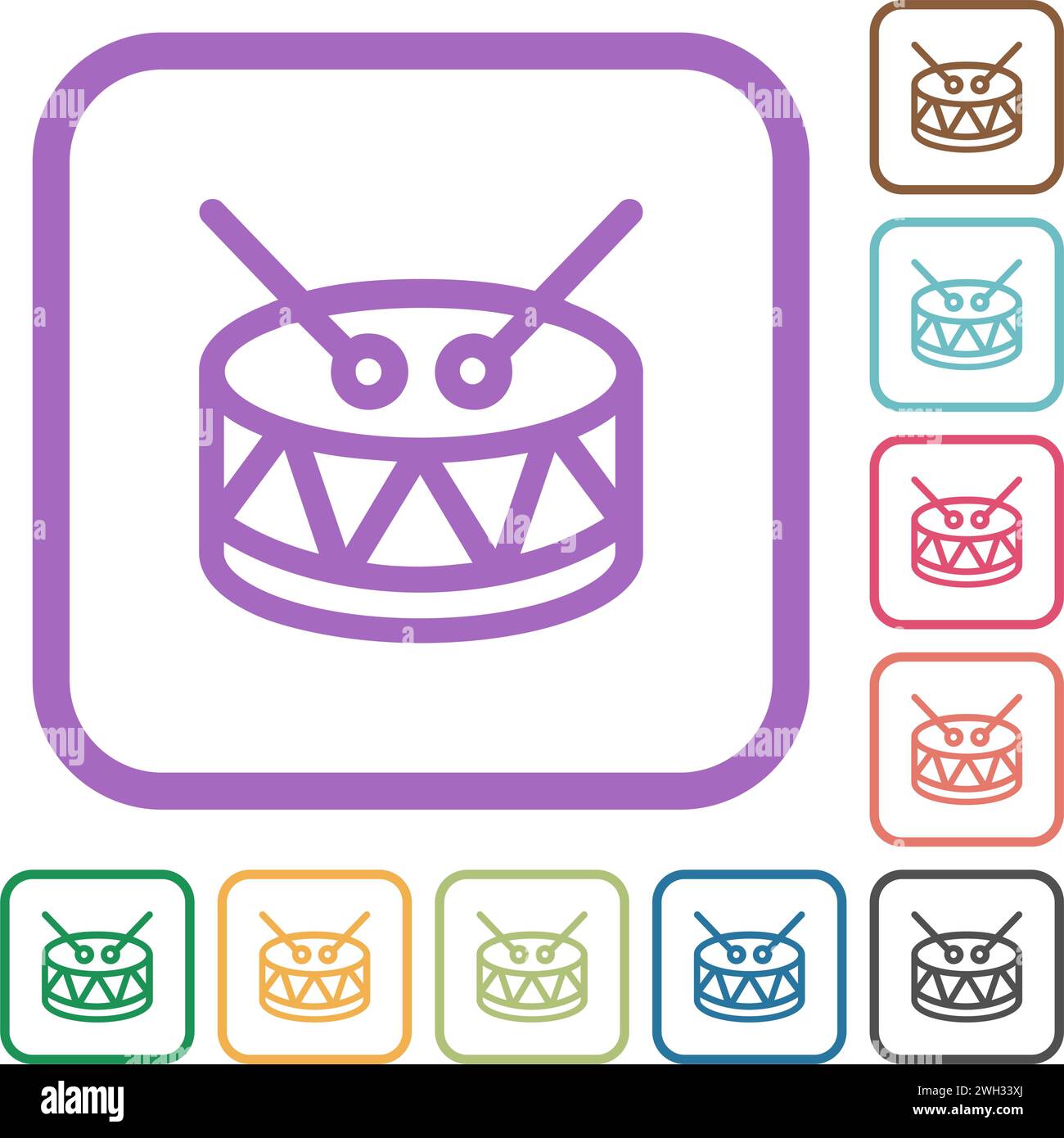 Drum outline simple icons in color rounded square frames on white ...