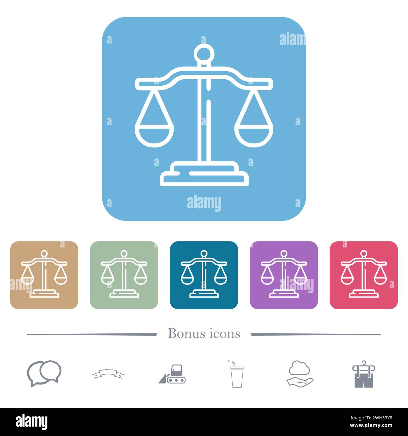 Justice scale outline white flat icons on color rounded square backgrounds. 6 bonus icons ...