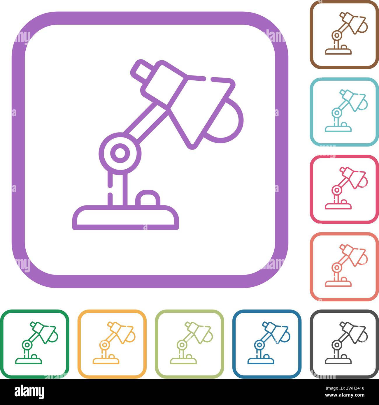 Desk lamp outline simple icons in color rounded square frames on white background Stock Vector ...