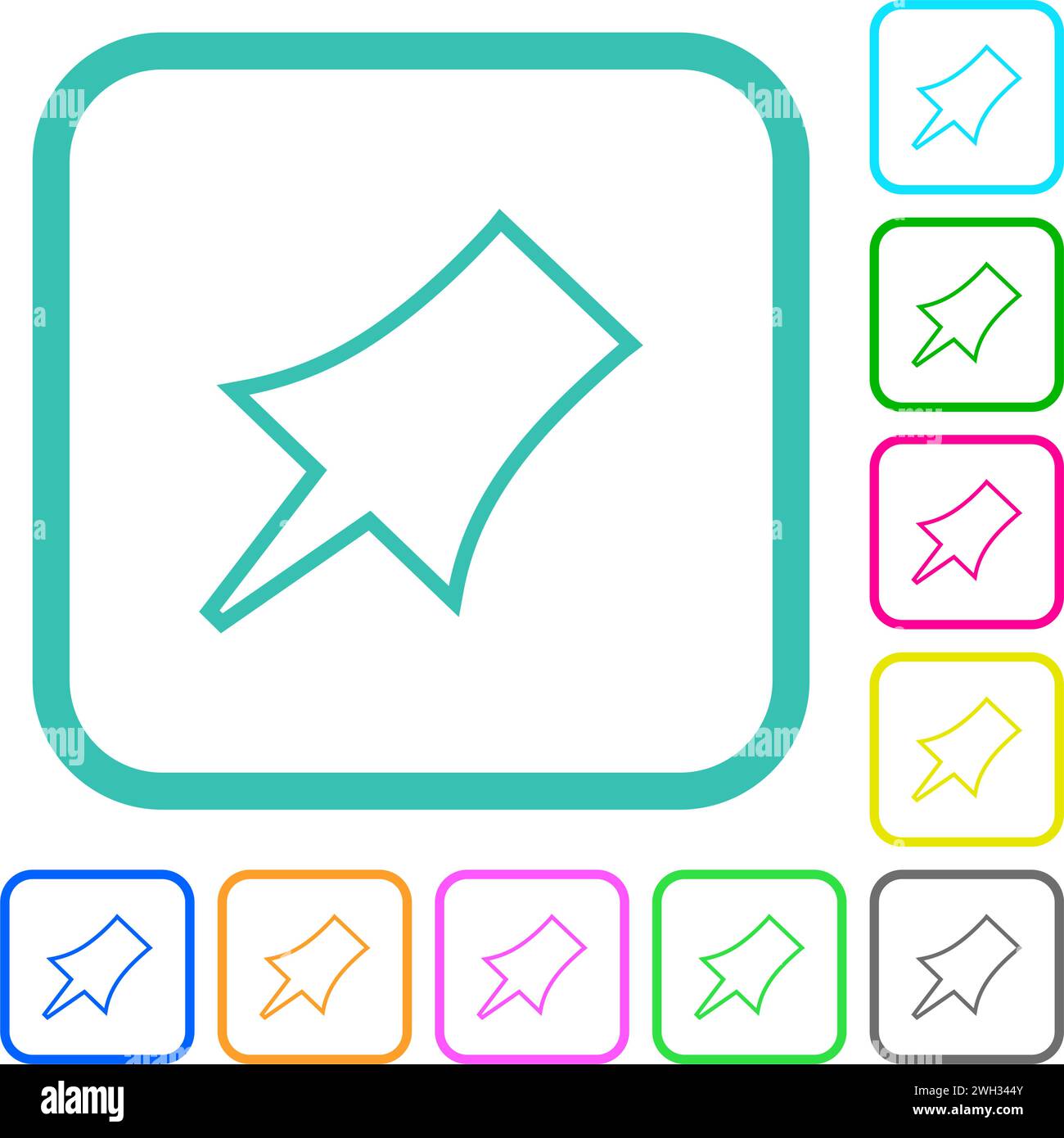 Push pin outline vivid colored flat icons in curved borders on white ...
