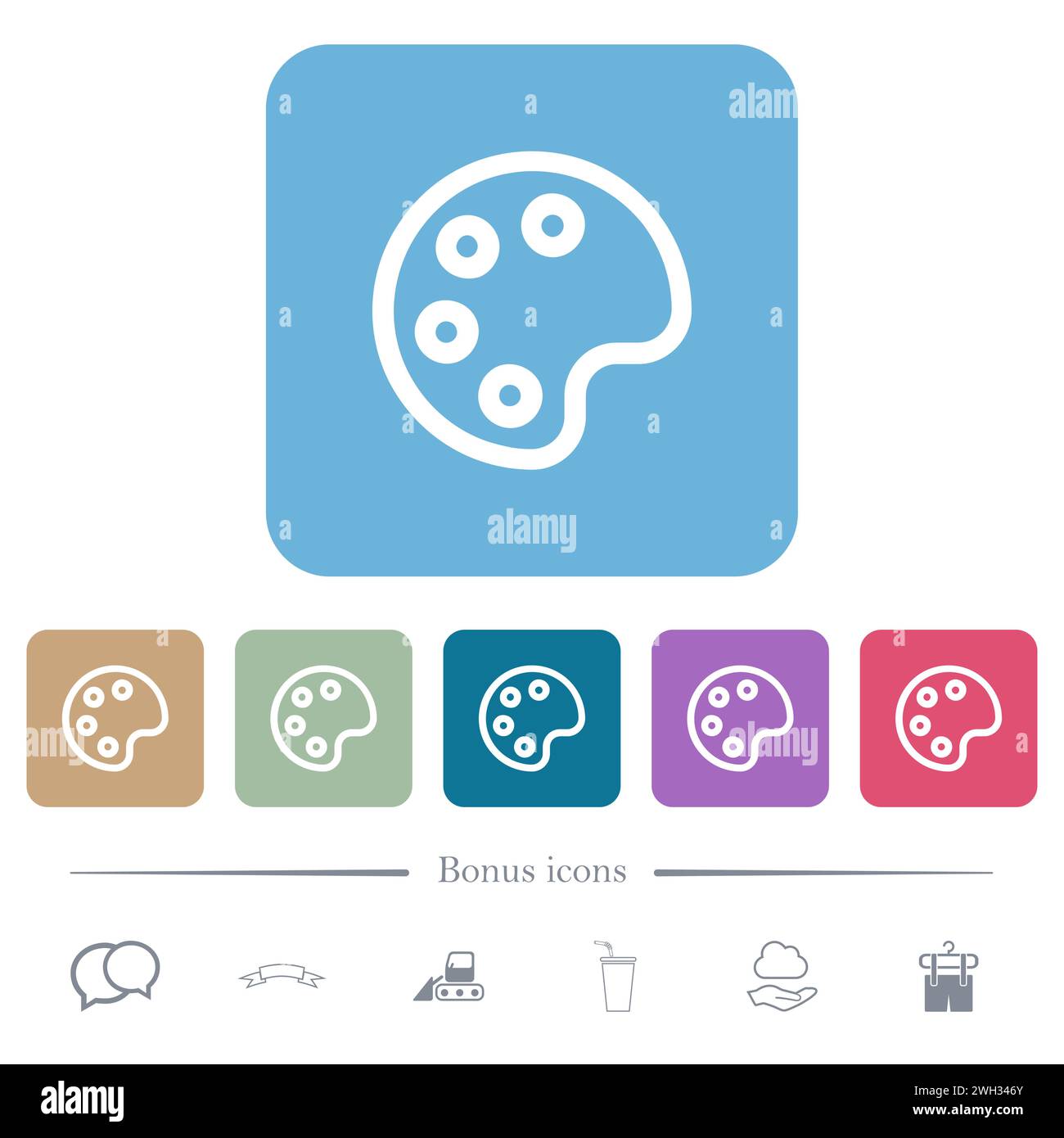 Painter palette outline white flat icons on color rounded square backgrounds. 6 bonus icons ...
