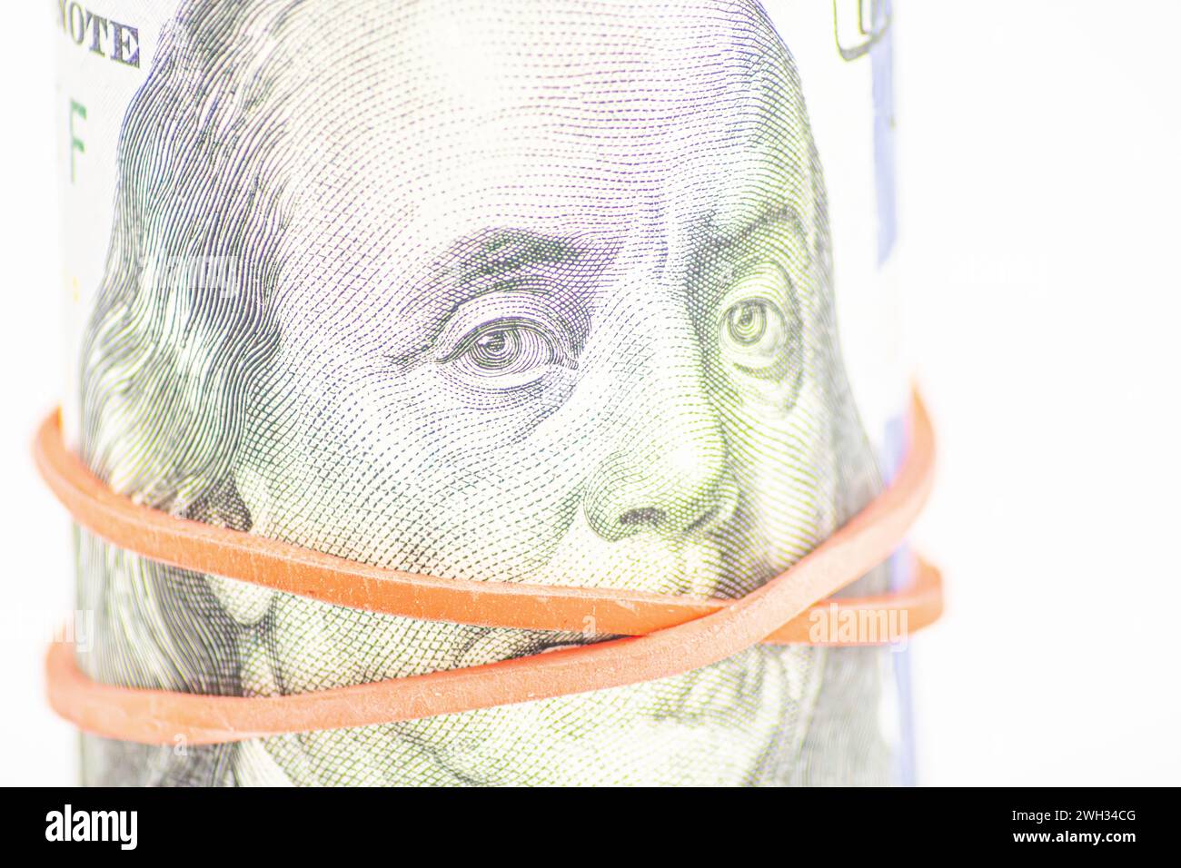Concept of silent money. Red tape covers Franklin's mouth on the 100 ...