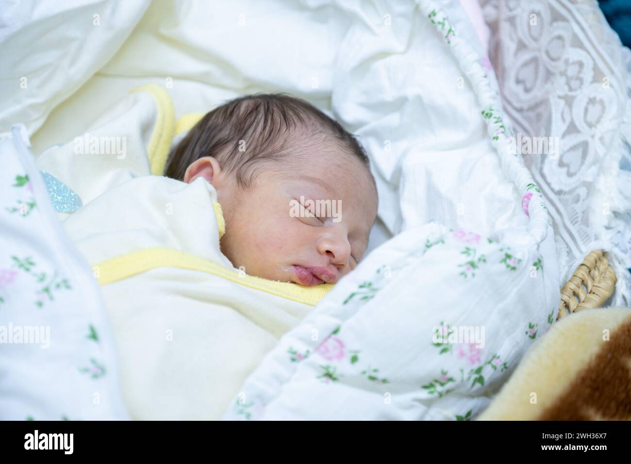 On her first day of life, a newborn baby girl wears a pink hospital ID ...