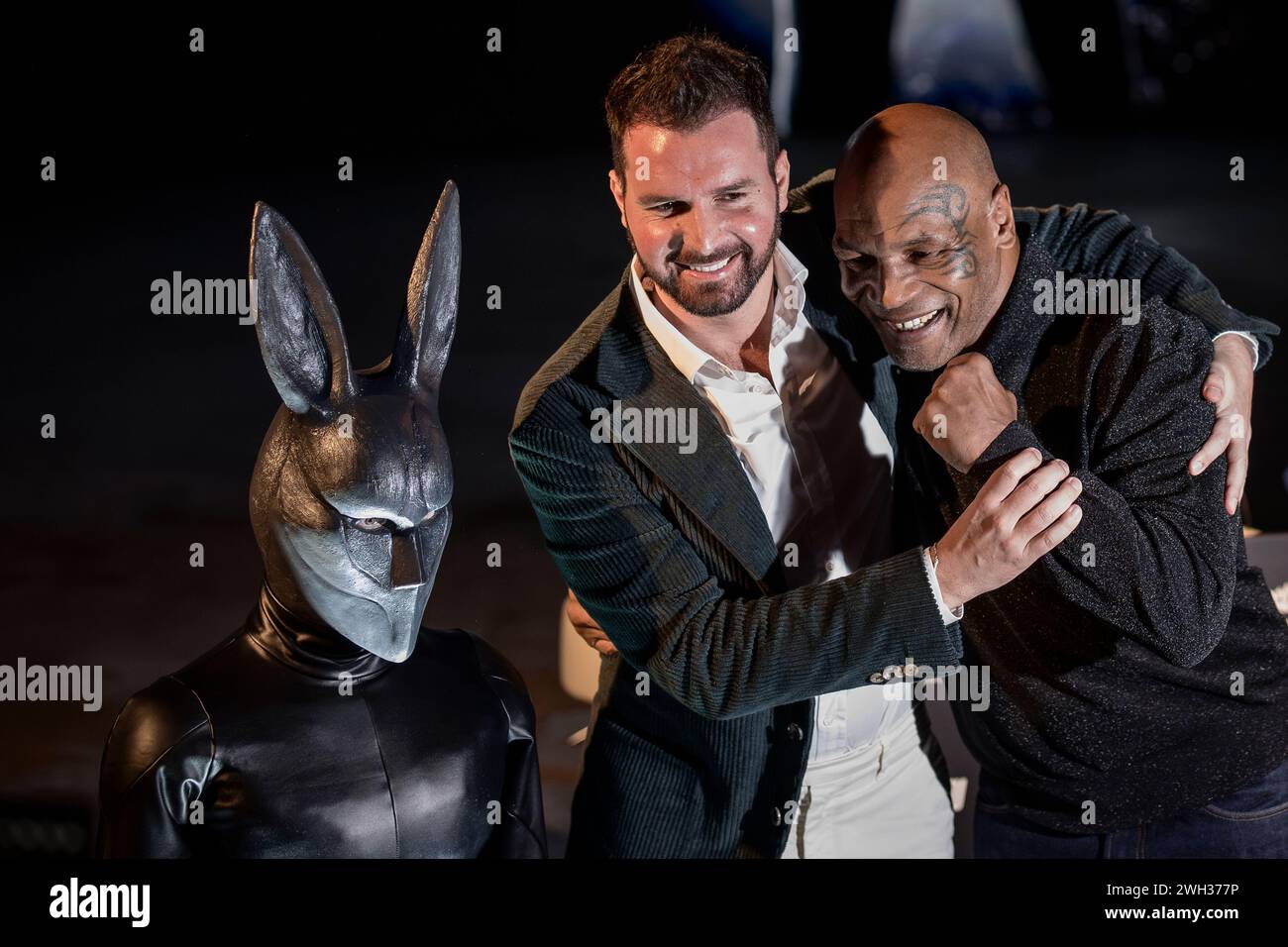 Turin, Italy. 7 February 2024. Andrea Iervolino, film producer, hugs ...