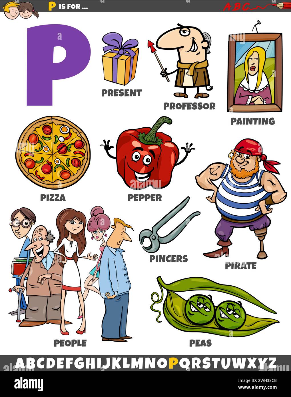 Cartoon illustration of objects and characters set for letter P Stock ...