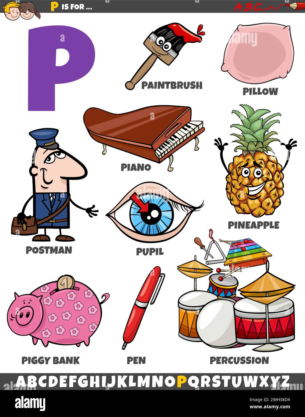 Cartoon illustration of objects and characters set for letter P Stock ...