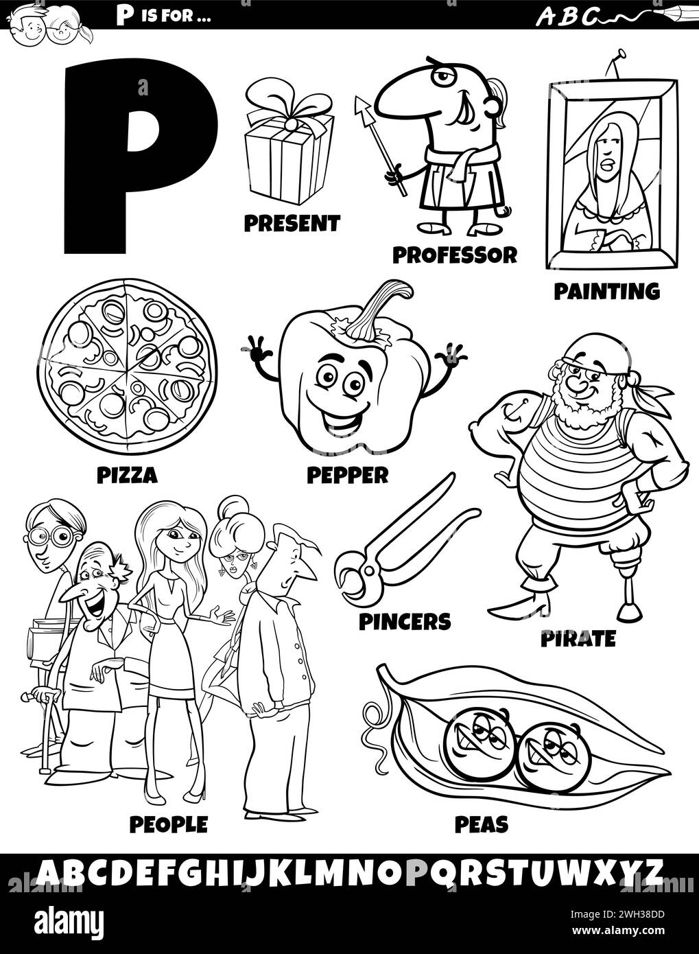 Cartoon illustration of objects and characters set for letter P ...