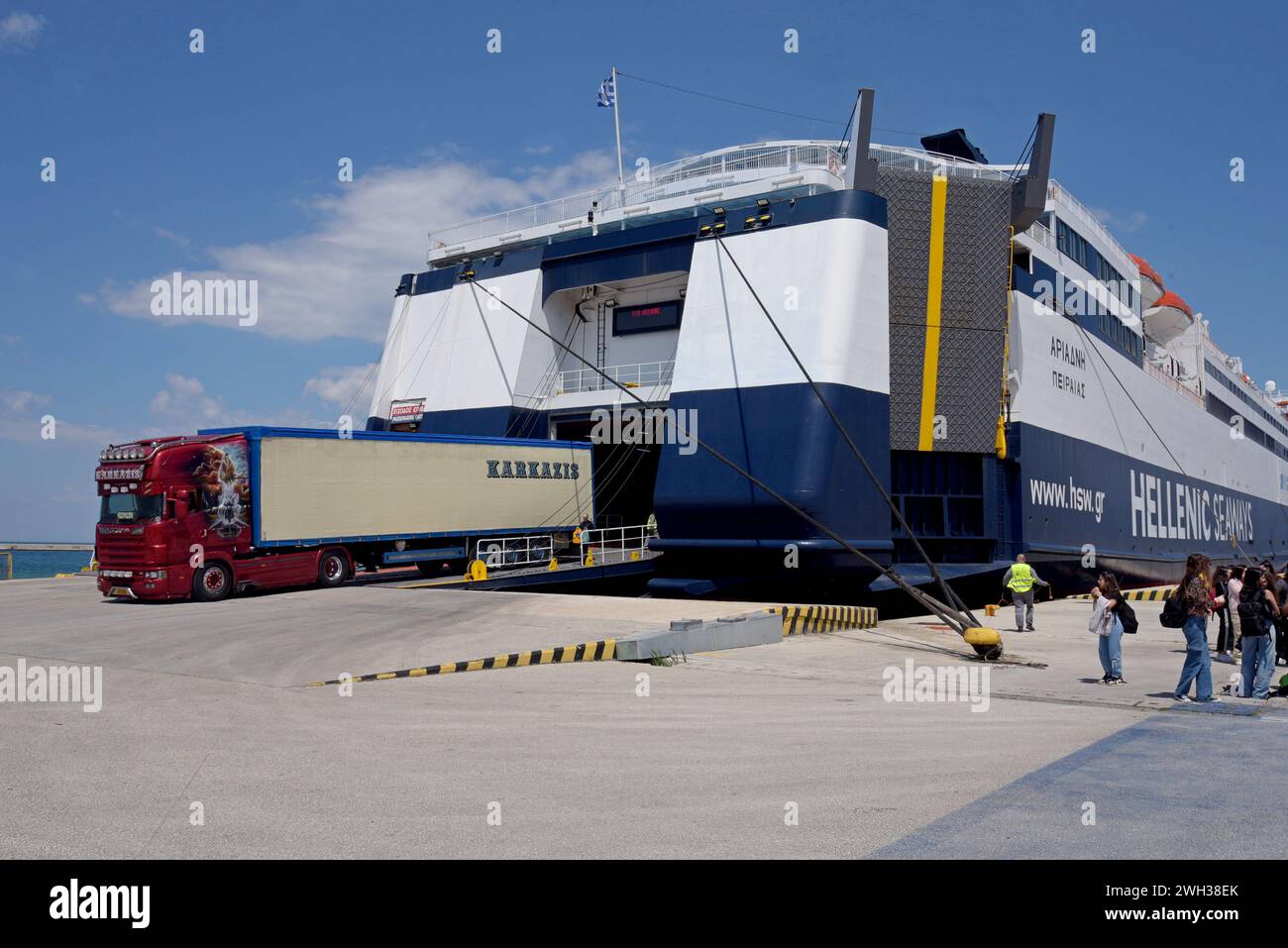 Trucks being unloaded off the Ariadne, a Hellenic Seways Ro-Ro ferry at ...