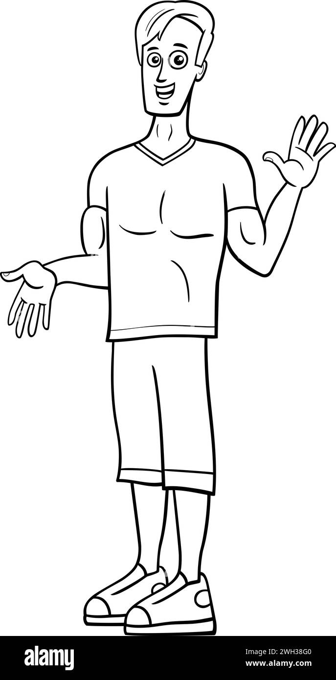 Cartoon illustration of young man with comic character coloring page ...