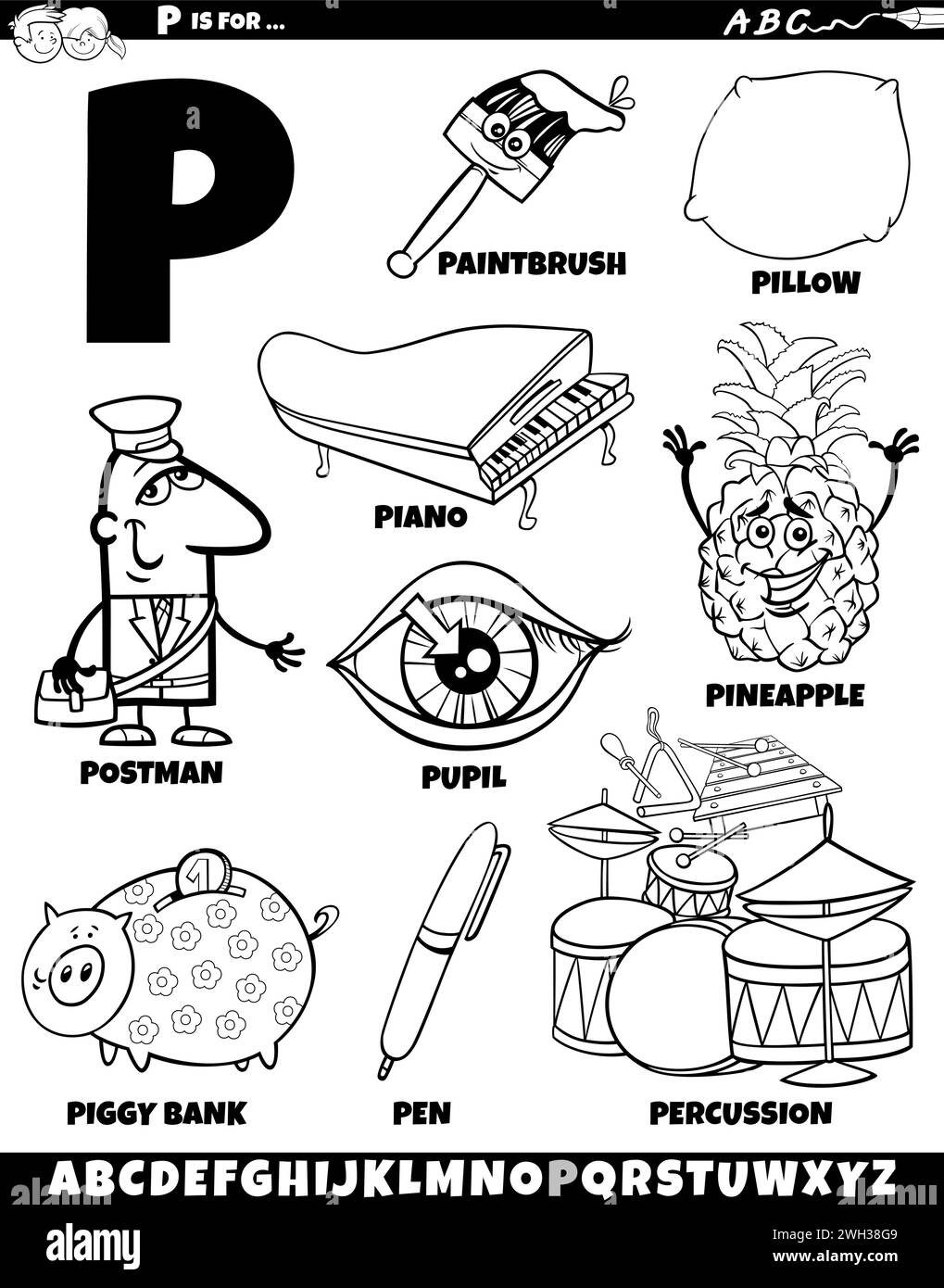 Cartoon illustration of objects and characters set for letter P ...
