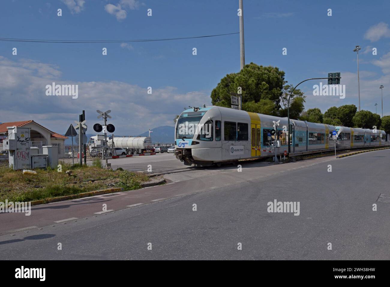 Hellenic railways Stadler GTW train on the harbourside line in Patras ...