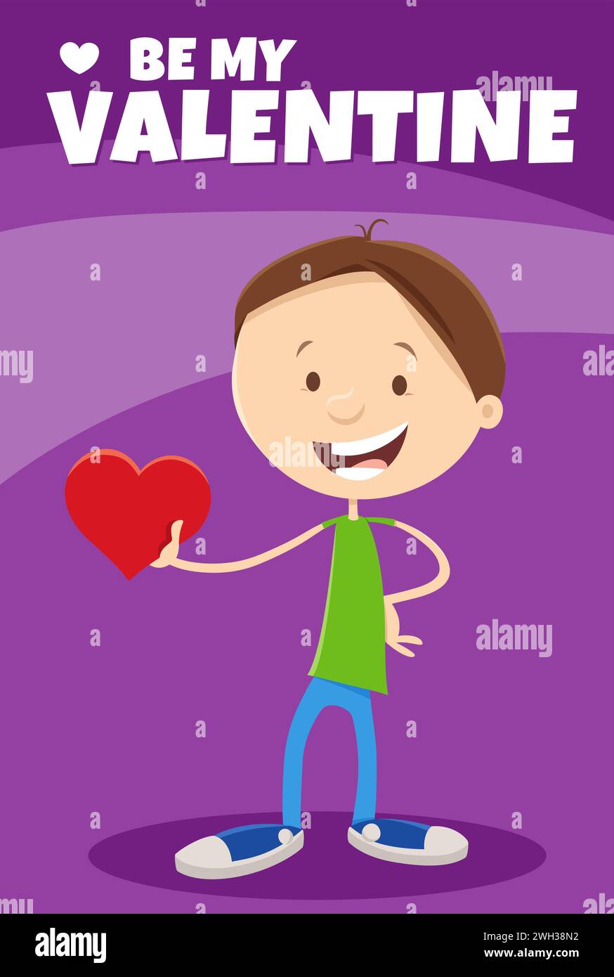 Cartoon illustration with funny boy character with heart Valentines Day ...