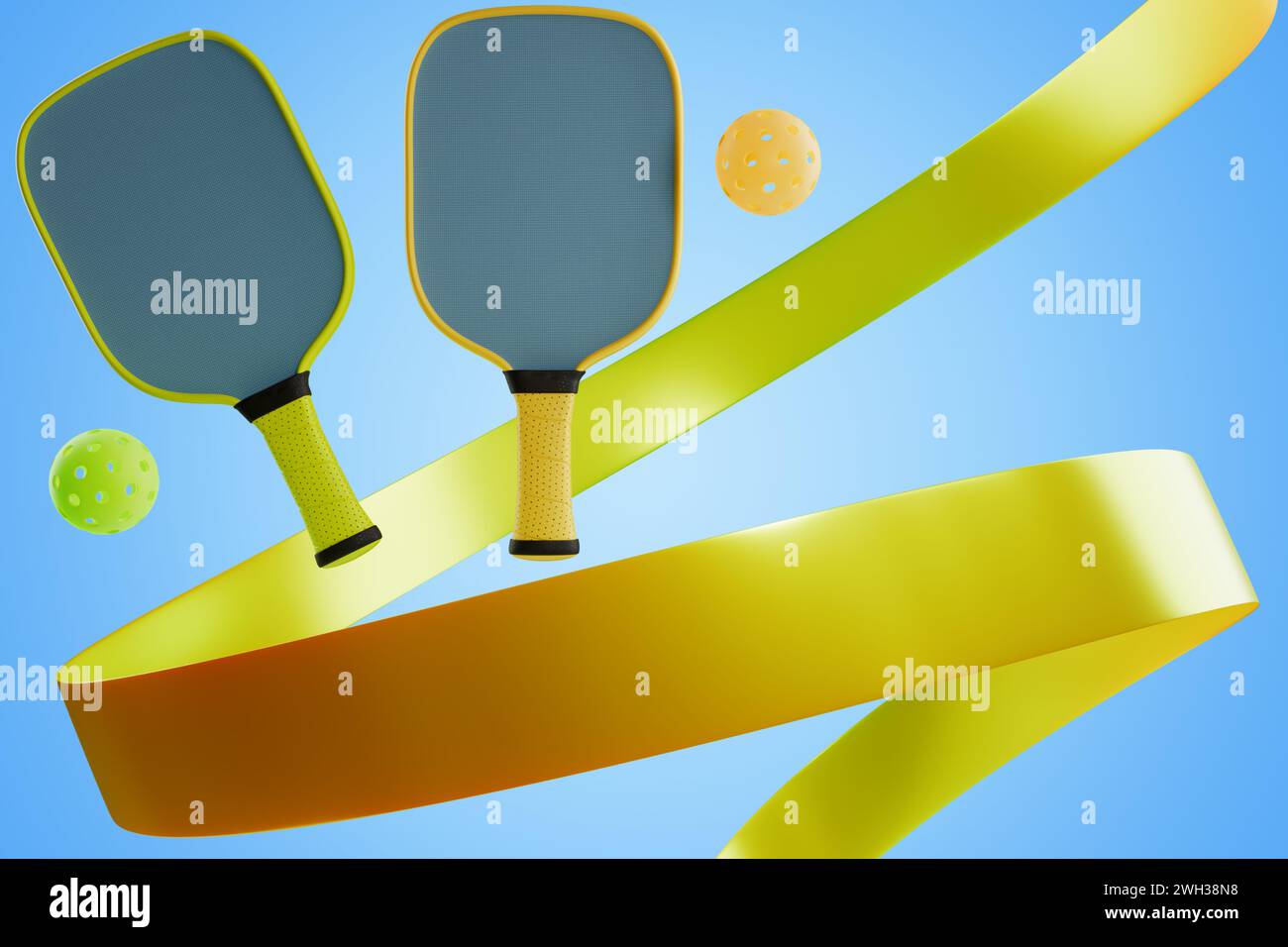 Set of pickleball rackets and sports balls, ribbon with place for text ...