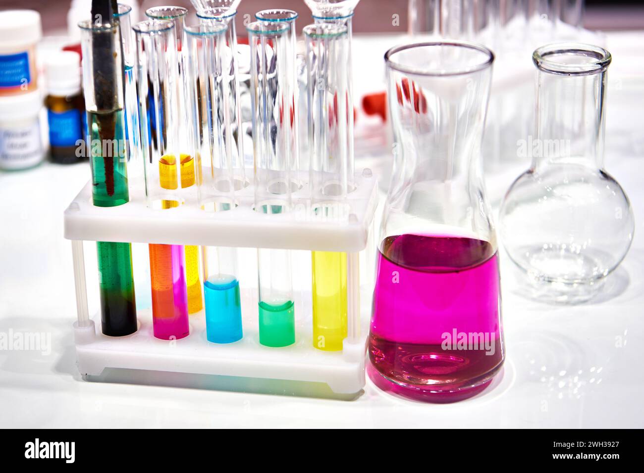 Chemical flasks and test tubes with colored solutions Stock Photo - Alamy