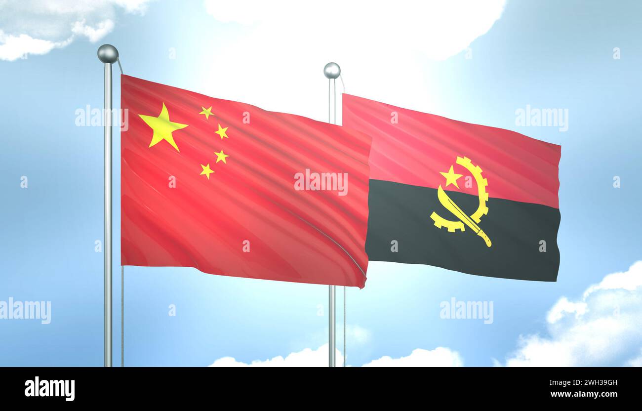 3D Flag of China and Angola on Blue Sky with Sun Shine Stock Photo - Alamy