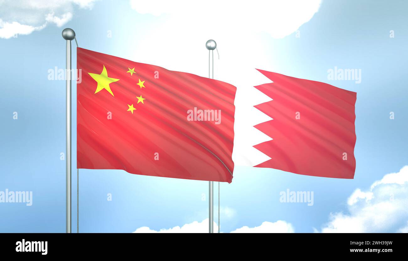 3D Flag of China and Bahrain on Blue Sky with Sun Shine Stock Photo - Alamy
