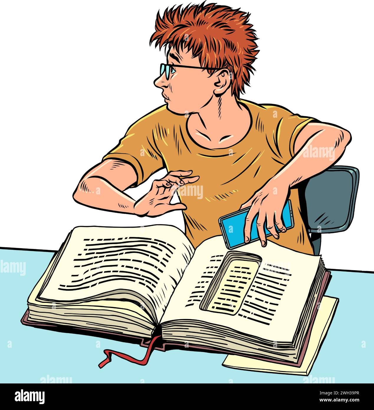 Knowledge is transformed into new forms. A boy in glasses with a book ...