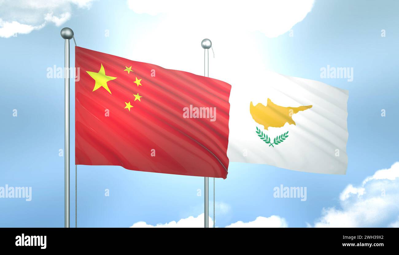 3D Flag of China and Cyprus on Blue Sky with Sun Shine Stock Photo - Alamy