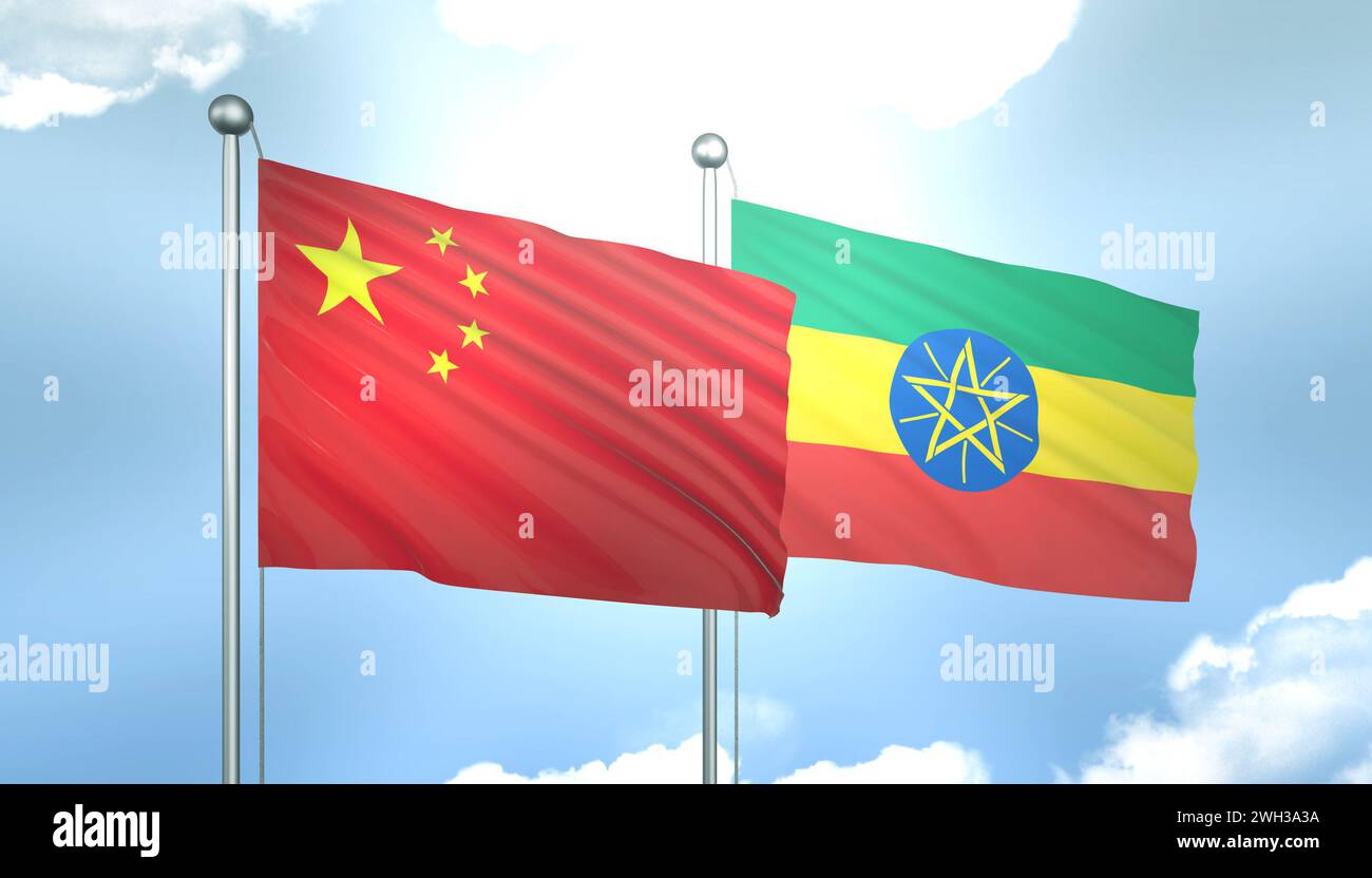 3D Flag of China and Ethiopia on Blue Sky with Sun Shine Stock Photo ...