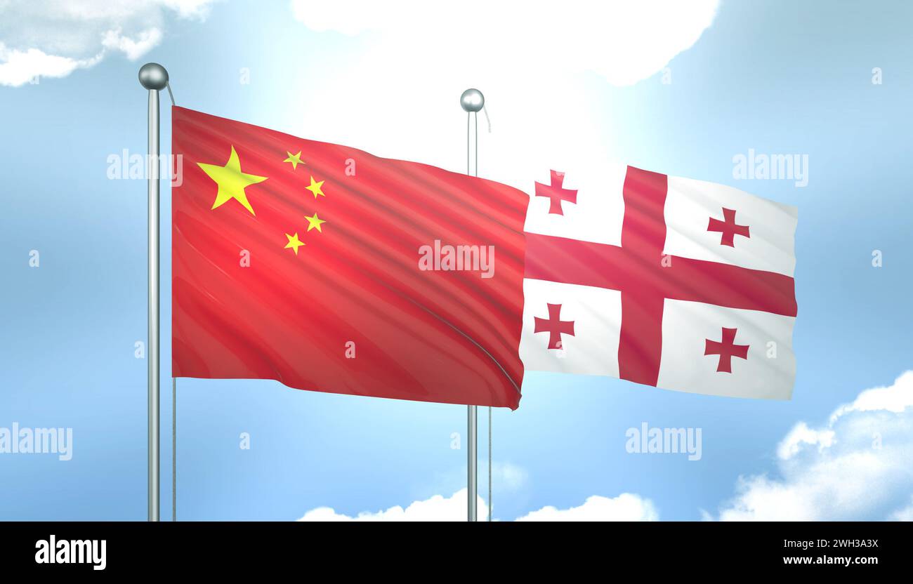 3D Flag of China and Georgia on Blue Sky with Sun Shine Stock Photo - Alamy