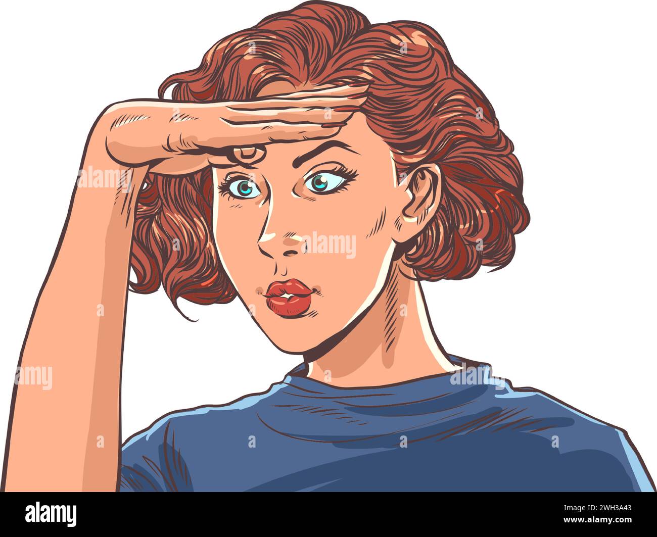 The girl looks into the distance. Hand gestures and facial expressions ...