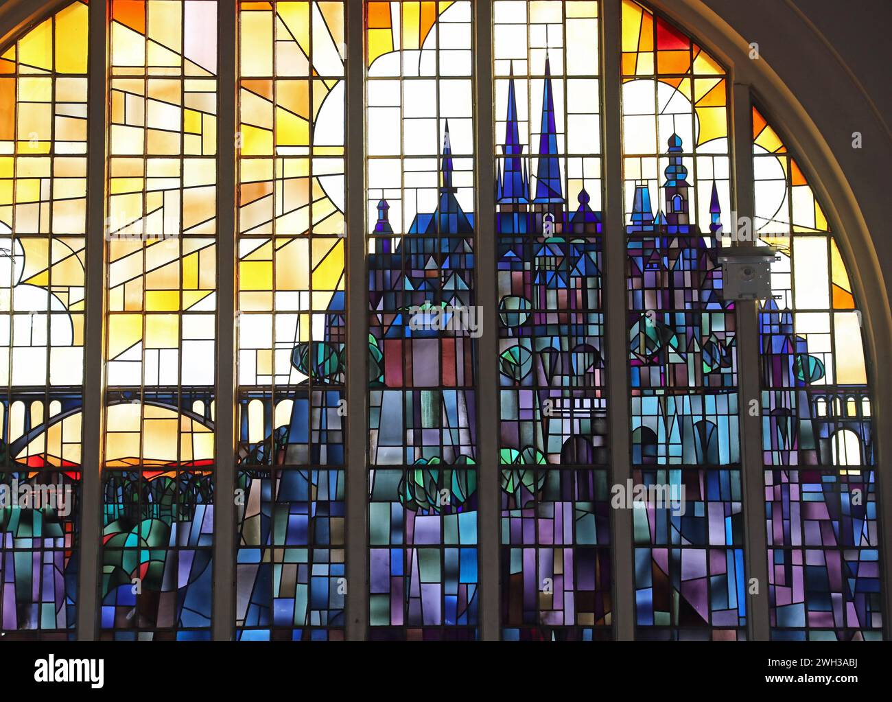 Stained glass window at Central Railway Station in Luxembourg City ...