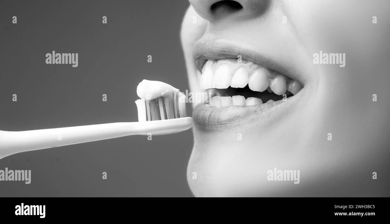 Close-up mouth with teeth-brush. Dental health care clinic. Close-up of ...