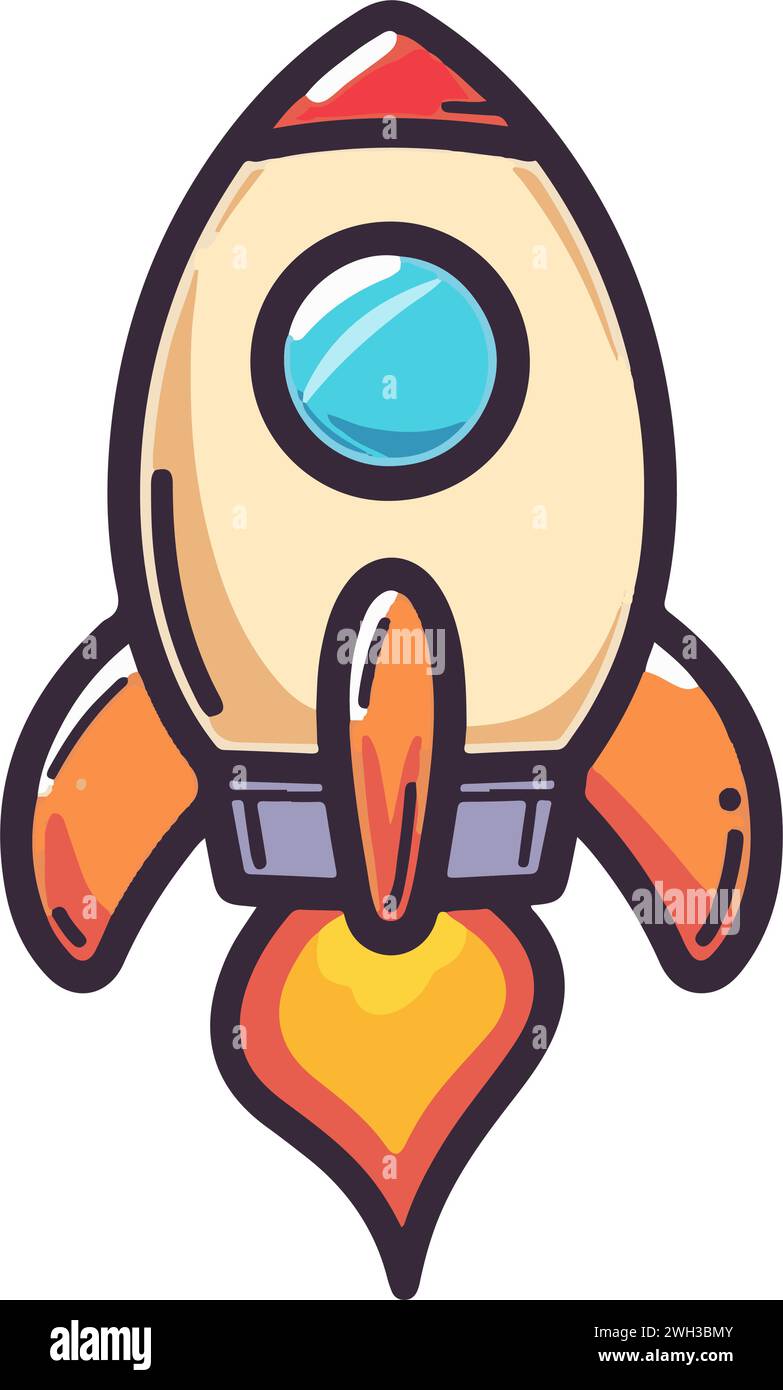 A colorful simple space rocket with orange fins and flames shooting out ...