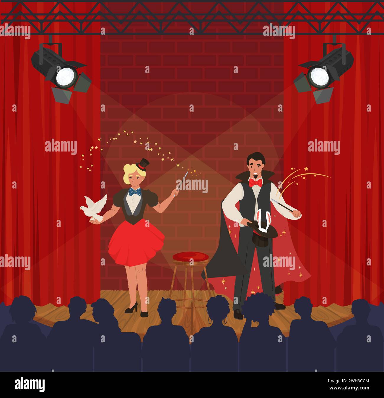 Male and female characters illusionists and magicians performing tricks ... Male and female characters illusionists and magicians performing tricks ...