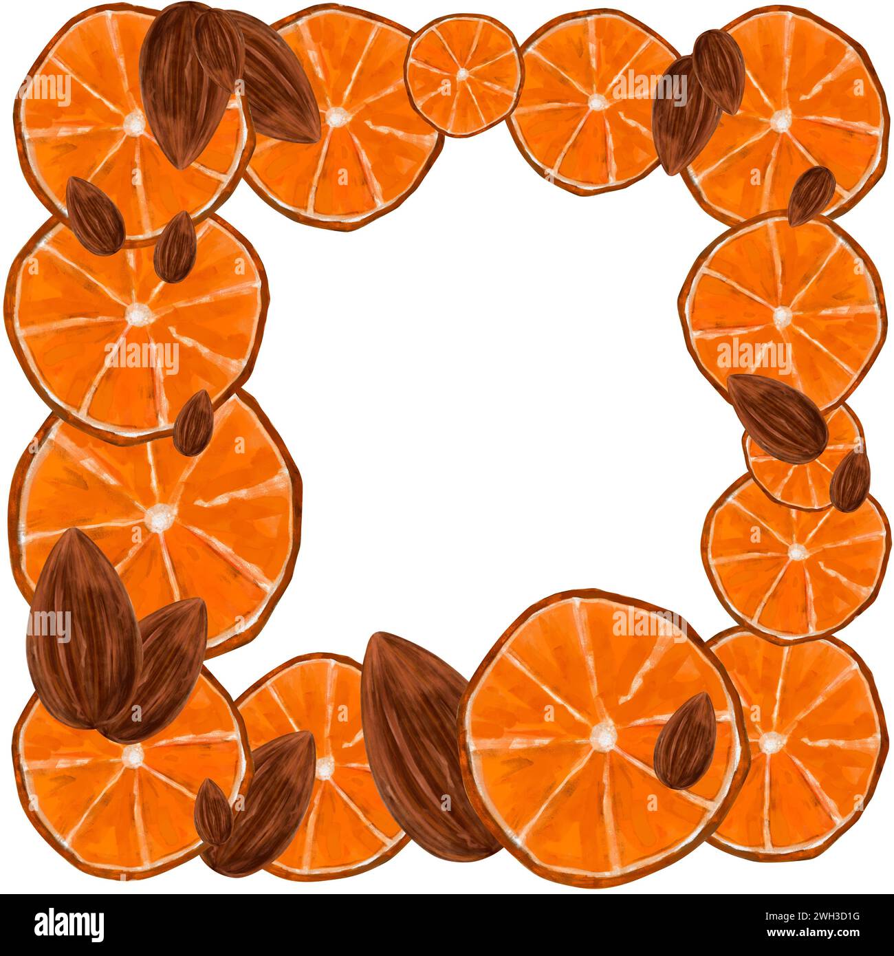 Square frame of orange fruits with almonds. Hand drawn orange slices ...