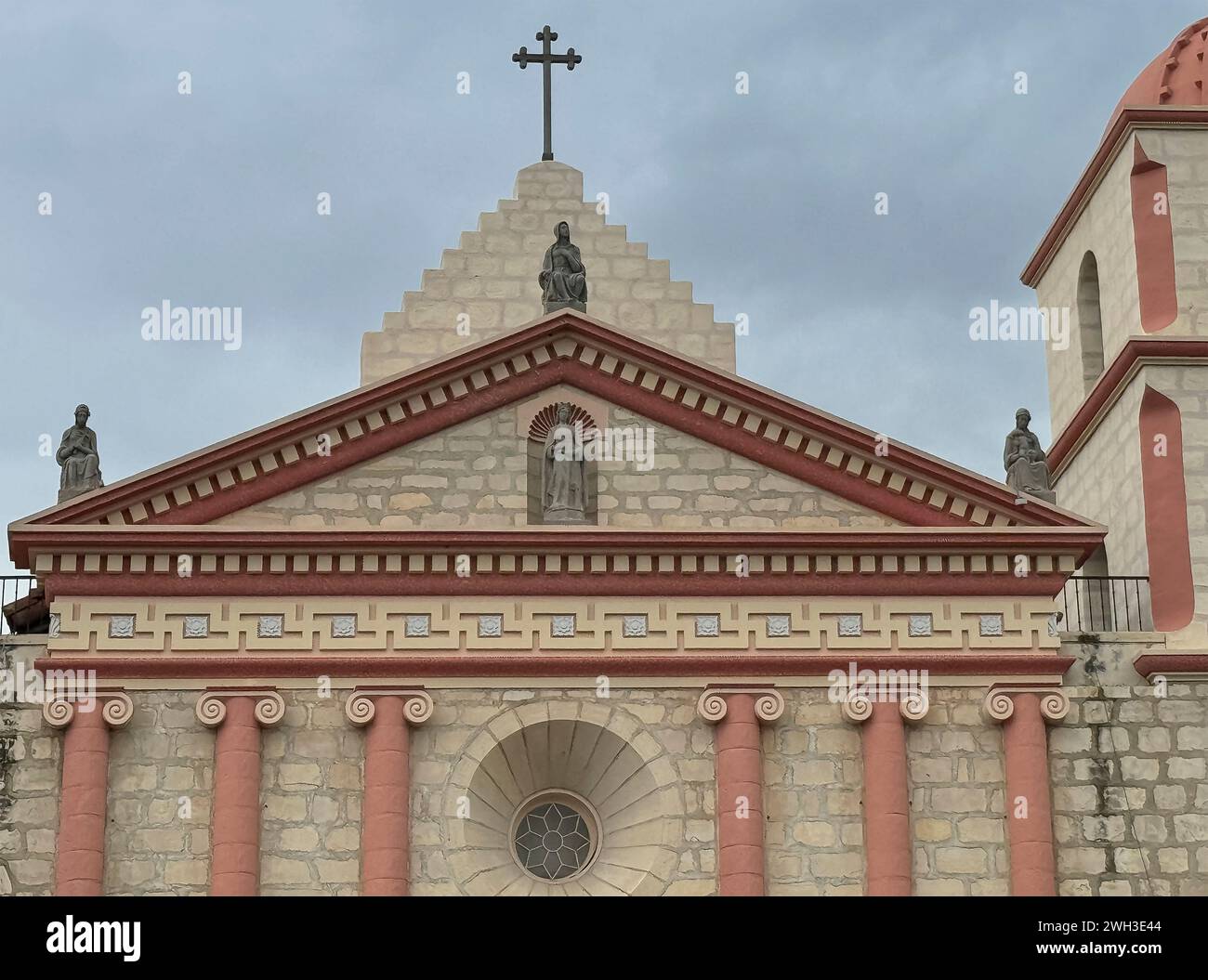 Santa Barbara, CA, USA - December 18, 2023: Closeup of Pediment on top ...