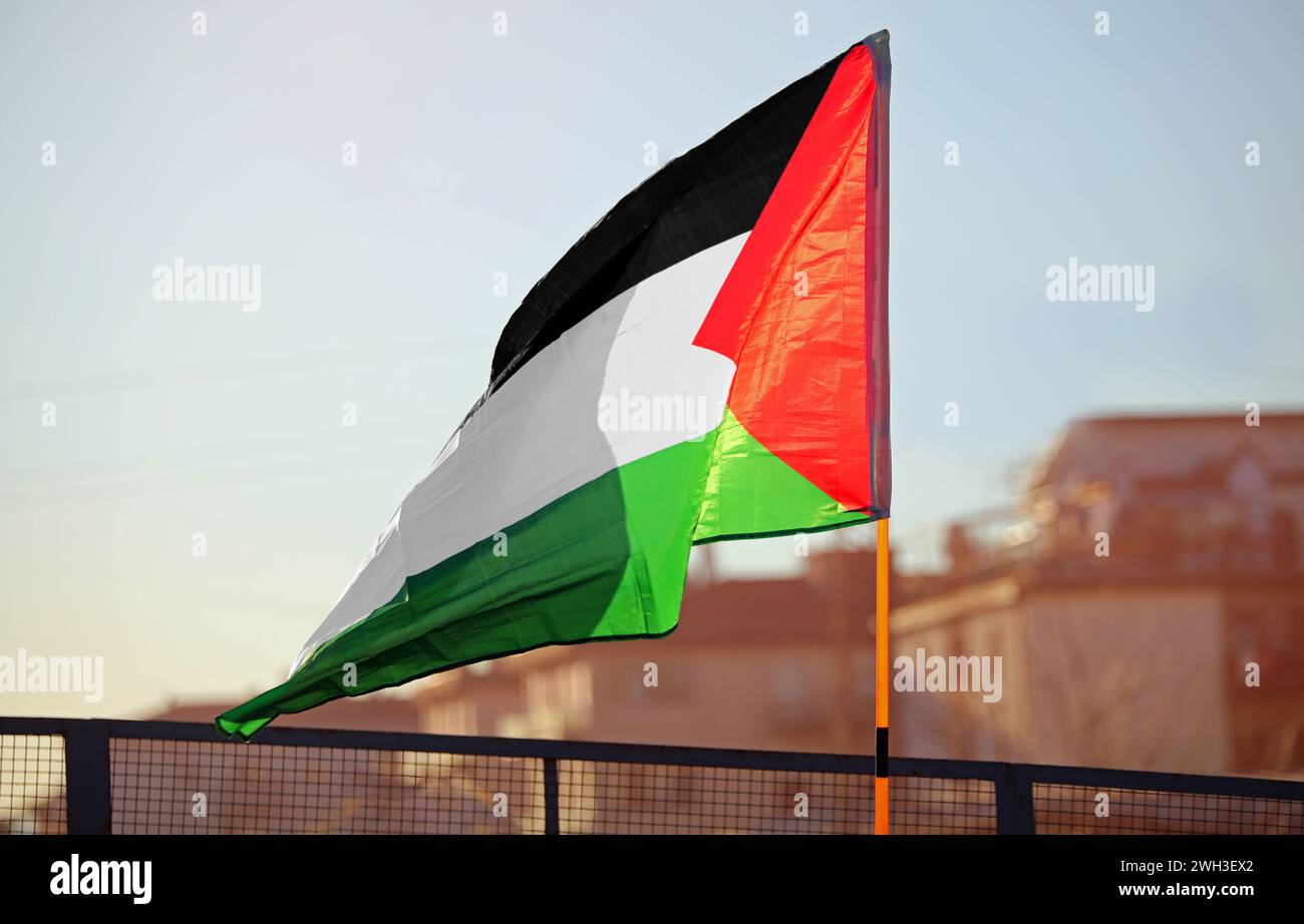 large Palestinian flag waving against the light in the city suburb ...