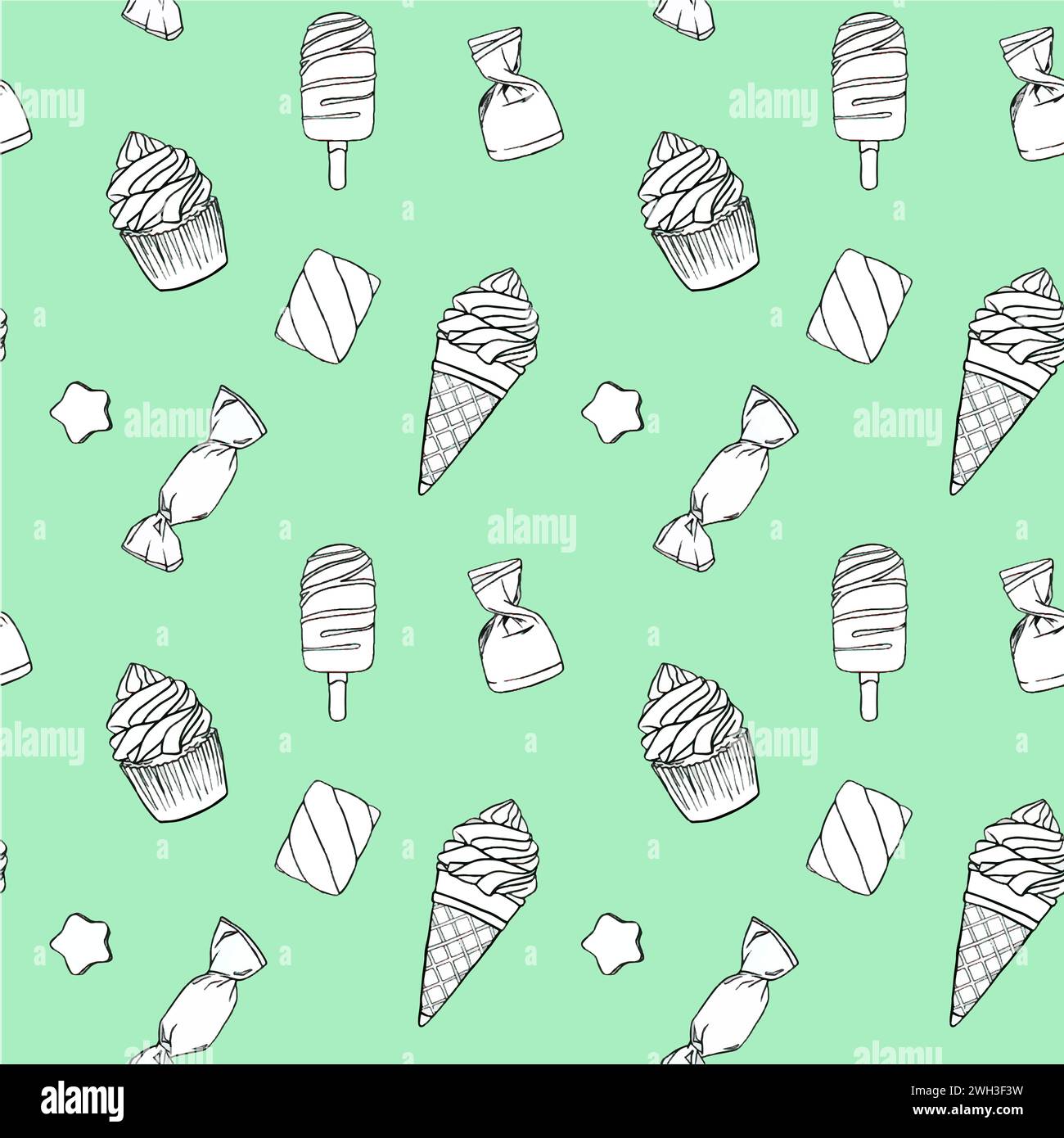 Sweets and candies seamless pattern. Desserts in sketch style. Hand ...
