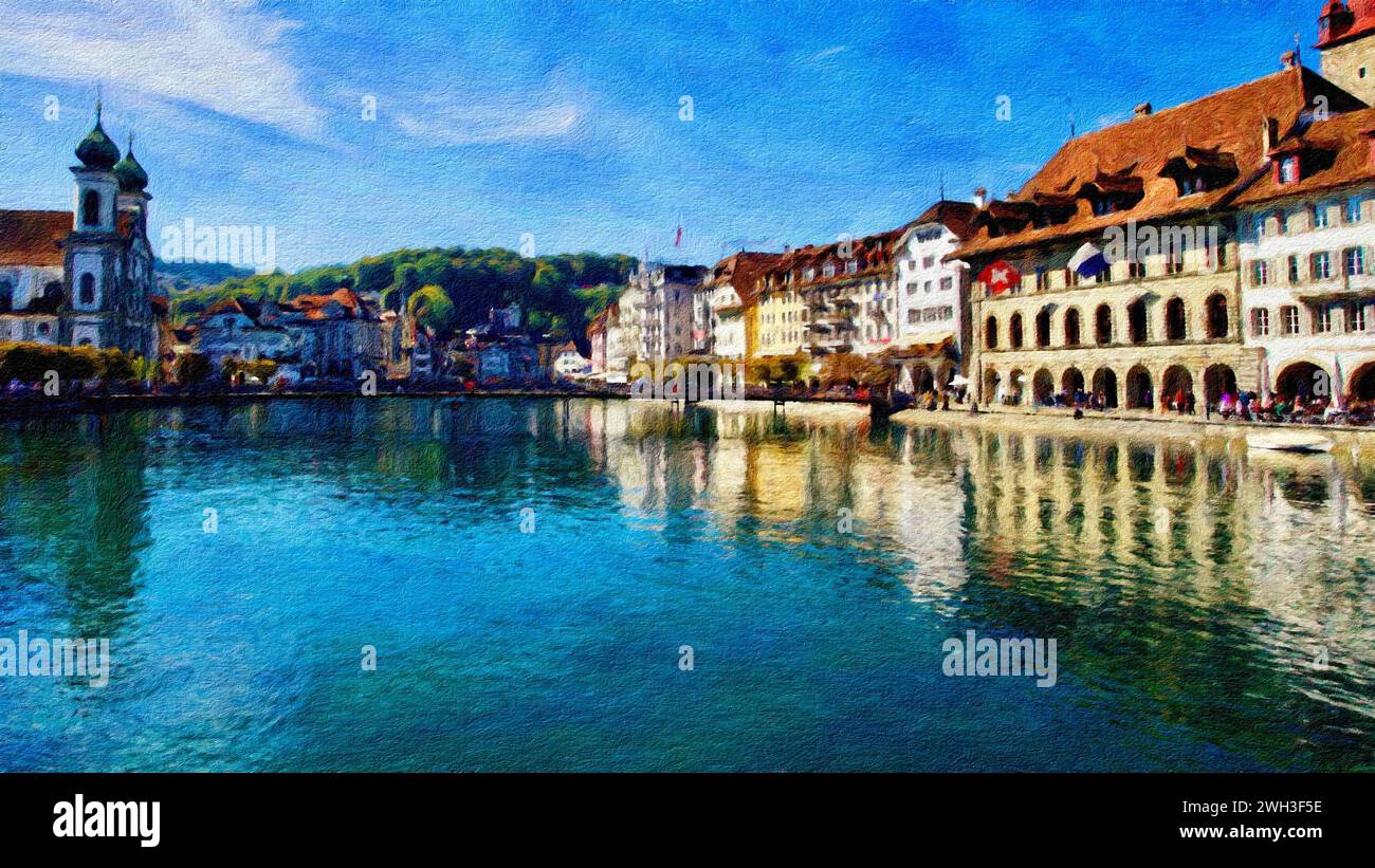 View of the Reuss River, Rathaussteg Bridge & Lucerne Old Town, Lucerne ...
