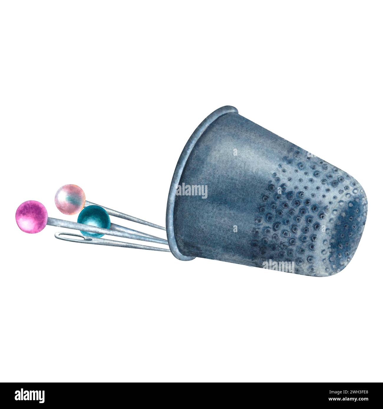 A vintage metal thimble with a needle and clothing plastic pins. Hand ...