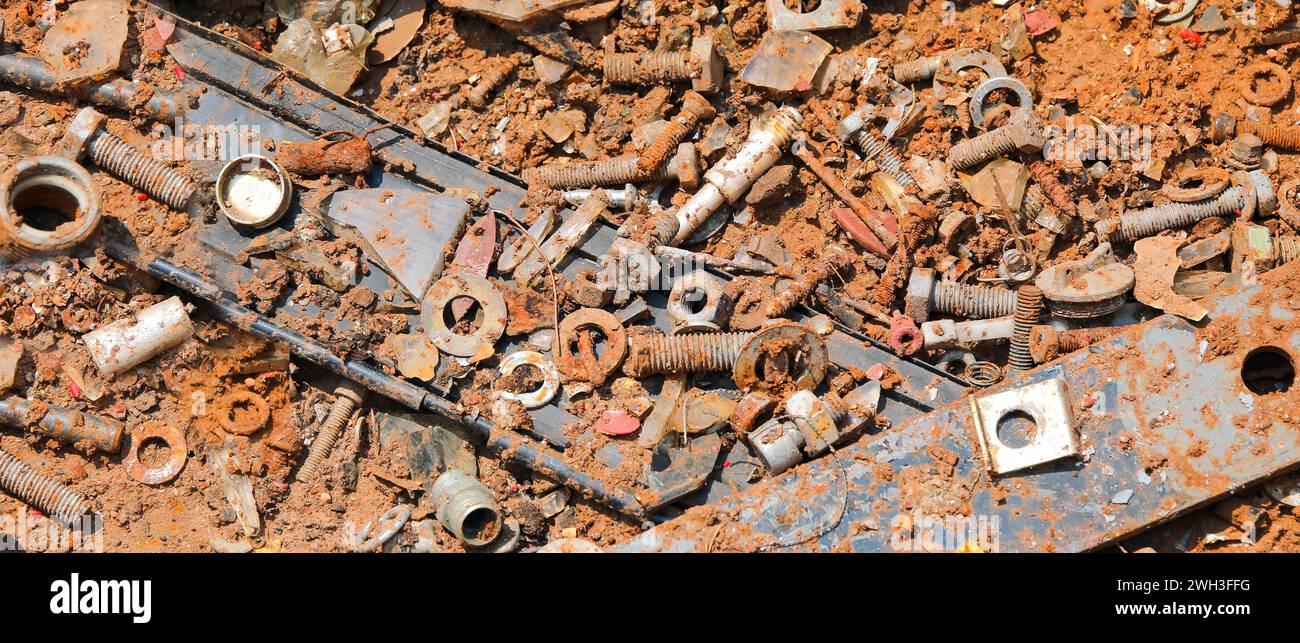 many broken used rusted metal objects in recycling for recovery of iron ...