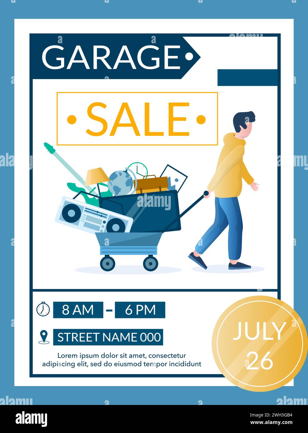 Garage sale vector banner template. Man pulling cart with old household ...