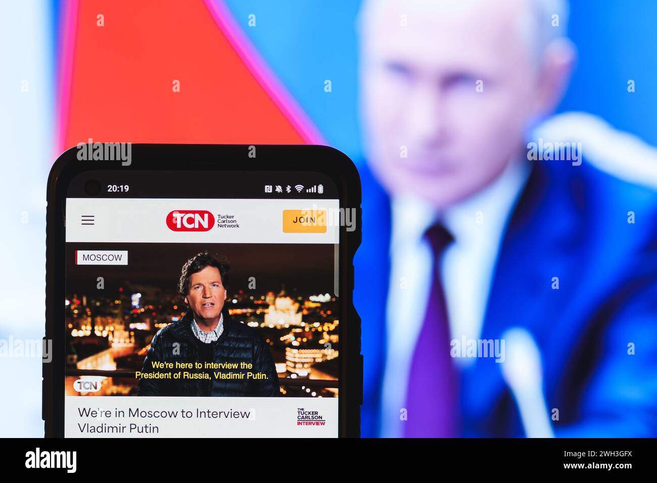 Moscow, Russia - 2024 February 7: Tucker Carlson media network website on smartphone screen ...