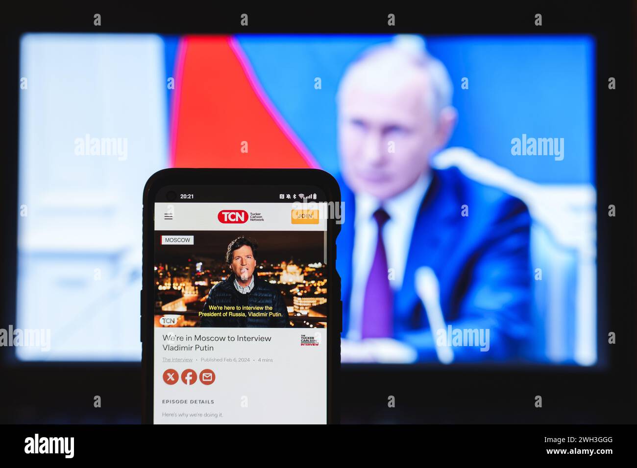 Moscow, Russia - 2024 February 7: Tucker Carlson media network website on smartphone screen ...