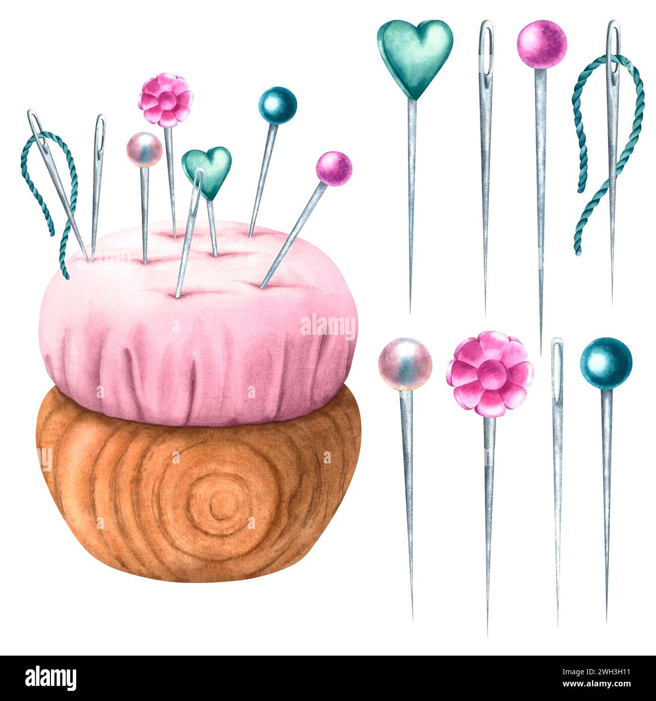 Pink sewing pincushion. Pins and needles with thread in pincushion ...