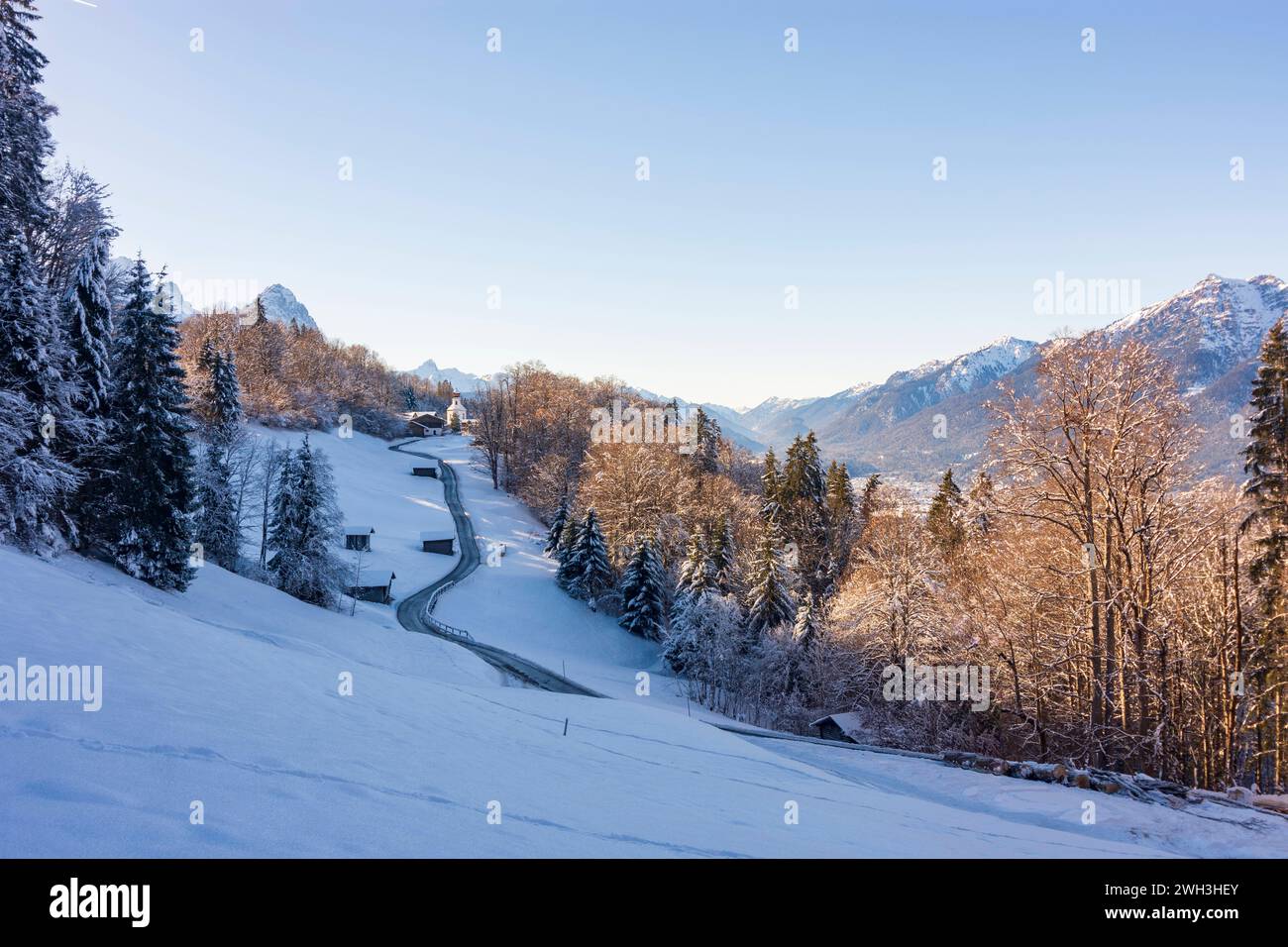 village and church hamlet Wamberg, barns, snow, Alps Garmisch ...