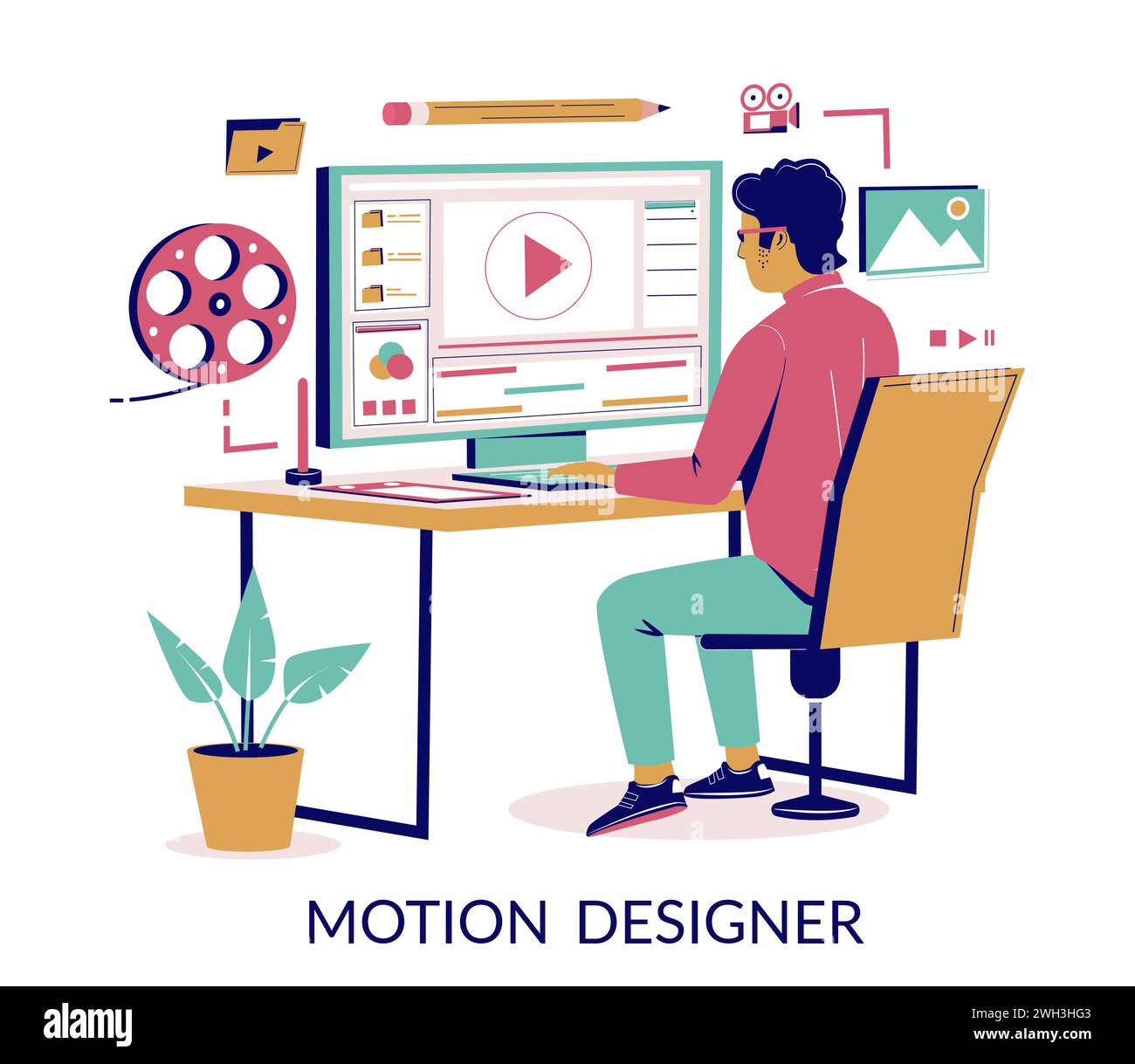 Motion designer animator working on computer creating animated video ...