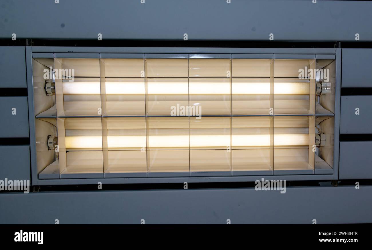 Two glowing neon lights on the ceiling Stock Photo - Alamy