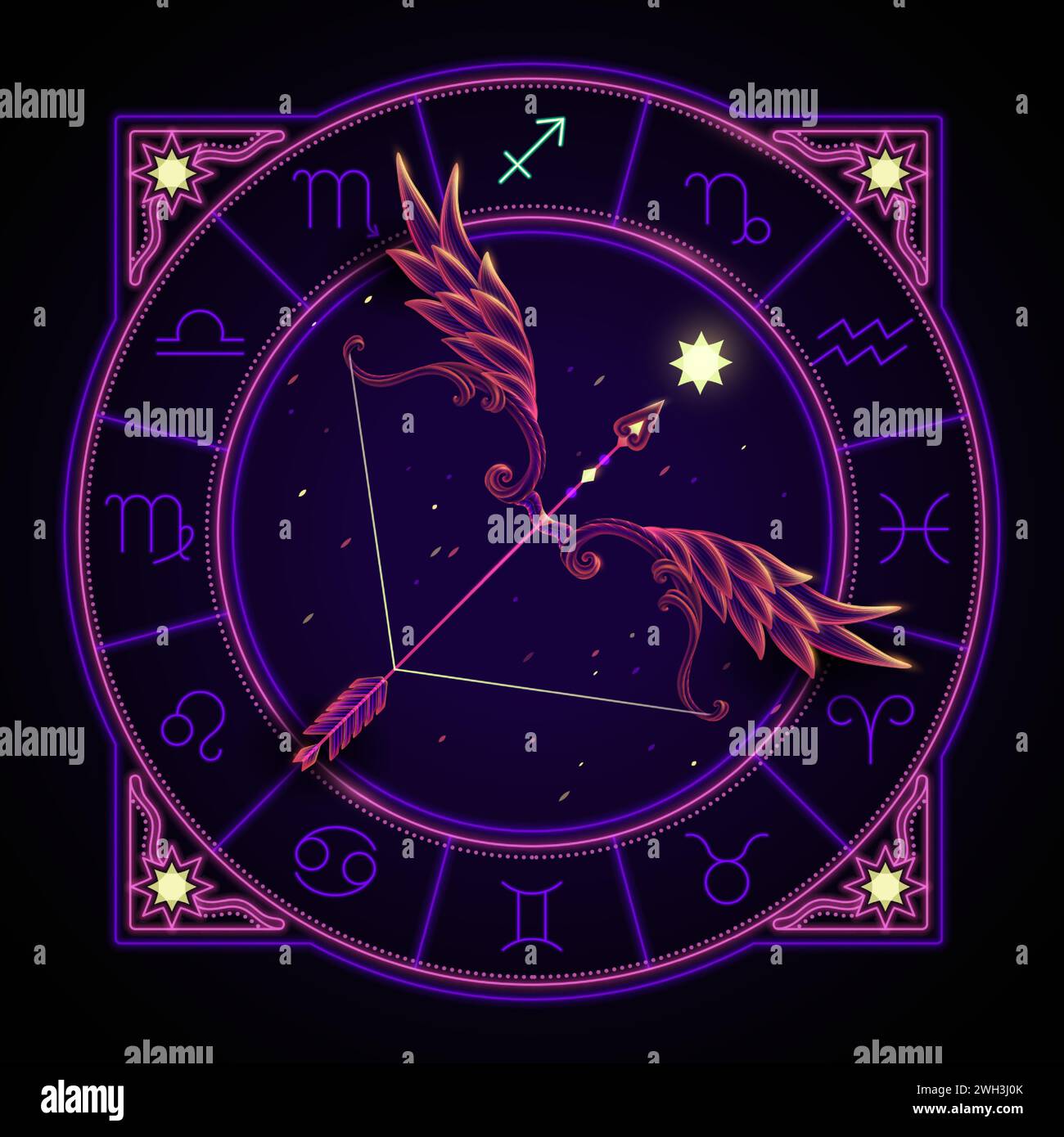 Sagittarius zodiac sign represented by a feather bow about to shoot an ...