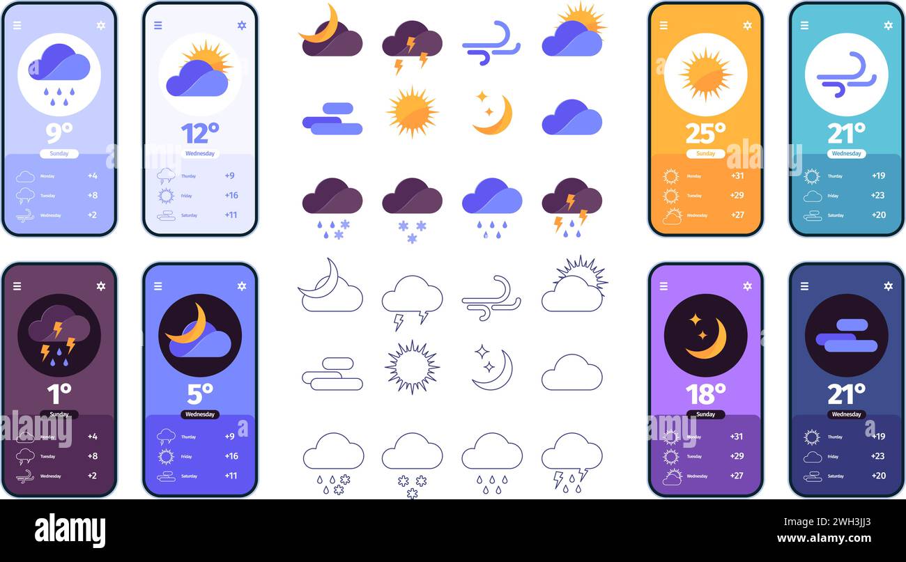 Weather ui app. Smartphone dashboard with system icons sun rain and ... Weather ui app. Smartphone dashboard with system icons sun rain and ...
