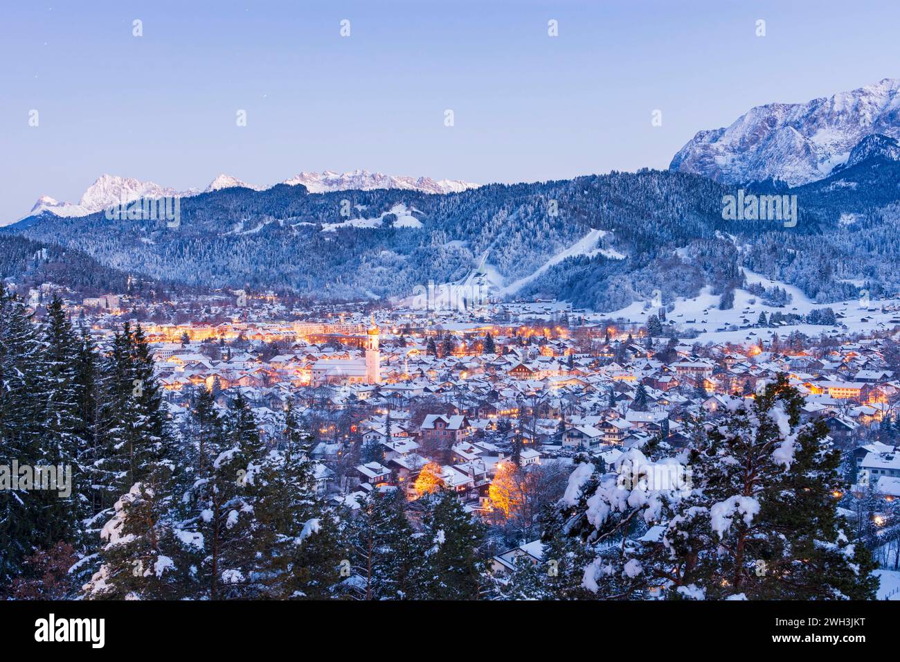 Garmisch-Partenkirchen with church St. Martin and Great Olympic Hill ...